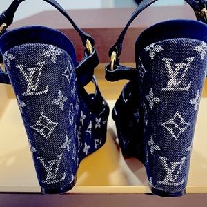 Louis Vuitton | Shoes | Authentic Lv Denim Platform Wedge Sandals ...